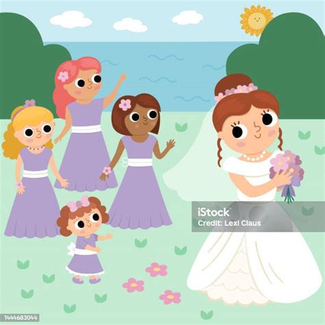 귀여운 결혼 한 부부와 벡터 결혼식 장면 신부와 신랑이 있는 결혼식 풍경 신부 들러리에게 꽃다발을 던지는 베일에 아름 다운 소녀 가공의 인물에 대한 스톡 벡터 아트 및 기타