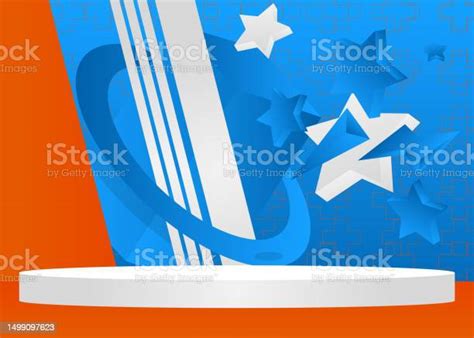 추상적인 주황색 파란색 흰색 실린더 받침대 연단 프레젠테이션을 위한 모형 무대 쇼케이스 최소한의 기하학적 제품 디스플레이 벡터 3d 미래 공상 과학 형태 빈 장면 0명에