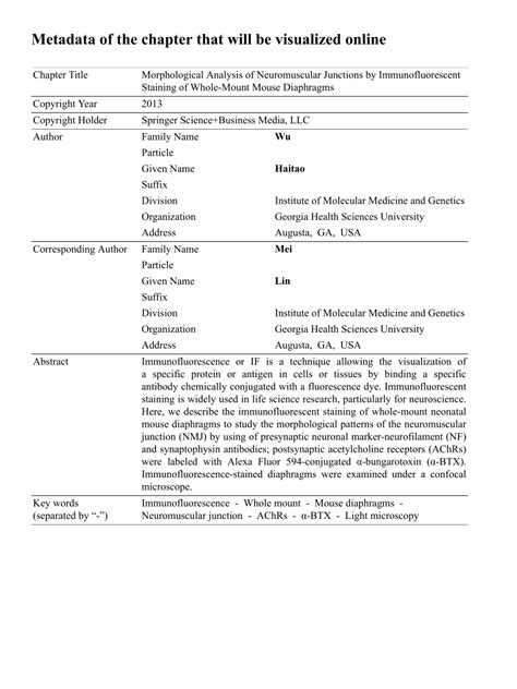 Pdf Morphological Analysis Of Neuromuscular Junctions By Immunofluorescent Staining Of Whole