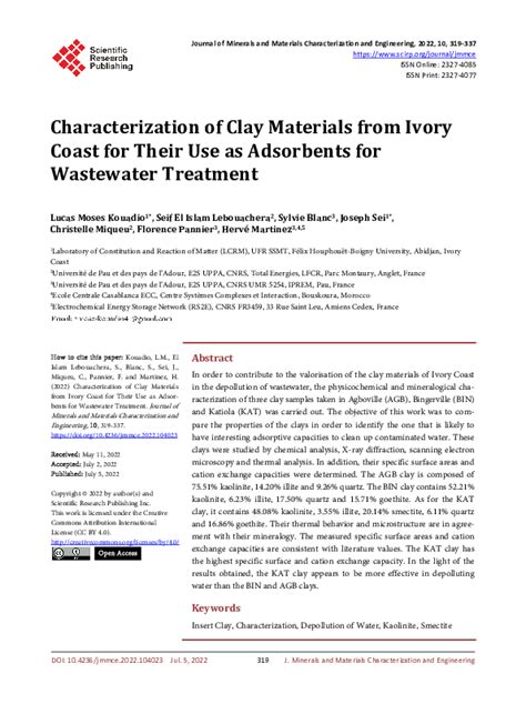 Pdf Characterization Of Clay Materials From Ivory Coast For Their Use As Adsorbents For