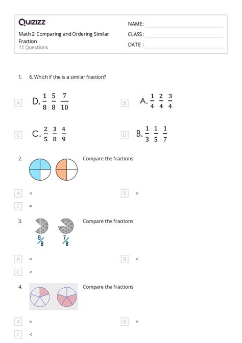 50 Comparing Fractions Worksheets For 1st Year On Quizizz Free And Printable
