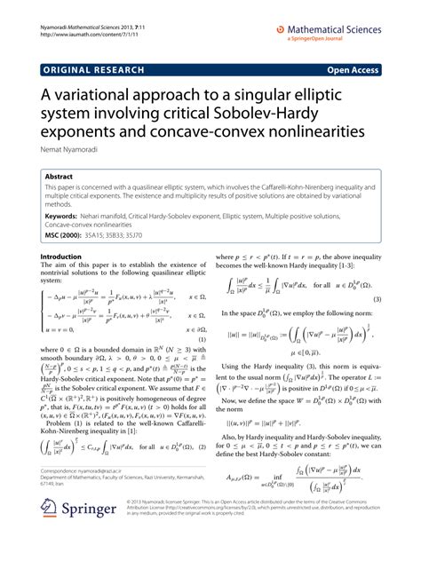 Pdf A Variational Approach To A Singular Elliptic System Involving Critical Sobolev Hardy
