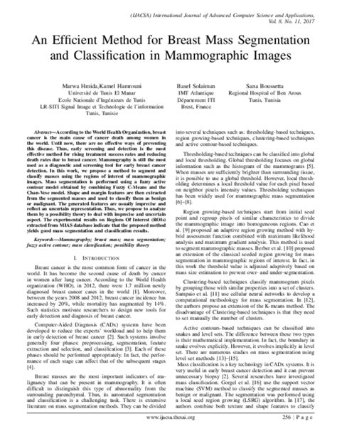 Pdf An Efficient Method For Breast Mass Segmentation And Classification In Mammographic Images