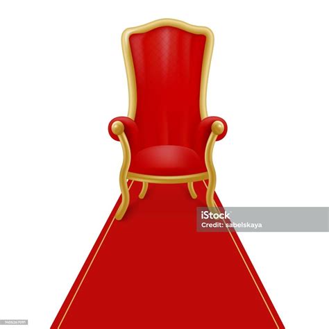 레드 카펫이있는 벨벳 또는 가죽 로얄 안락 의자 유명 인사 왕좌 흰색 배경에 고립 된 3d 벡터 일러스트레이션 3차원 형태에