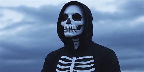 흰색 얼굴 페인트와 검은 후드를 쓴 남자가 해골 마스크를 쓰고 어두운 하늘을 배경으로 서 있습니다 남성 하얀색 페이스 페인팅 배경 일러스트 및 사진 무료 다운로드