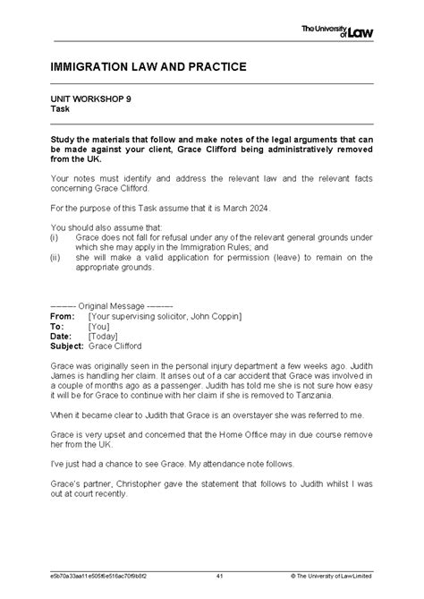 Imm Ws Ce Task T IMMIGRATION LAW AND PRACTICE UNIT WORKSHOP Task Study The