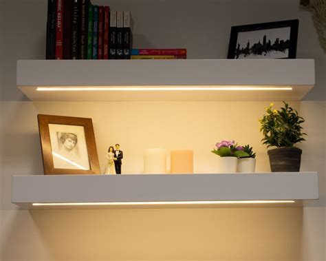 Modern White Floating Shelf Thick Wall Shelf With Light Wooden Shelf With Led Light Strip