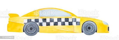 검은 색과 흰색 체크 무늬 배너 밝은 노란색 택시 택시 손으로 그린 수채화 스케치 드로잉 창조적 인 디자인 스티커 환영 카드