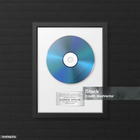 현실적인 벡터 3d 파란색 Cd 검은 벽돌 벽에 검은 Cd 커버 프레임이 있는 레이블 싱글 앨범 컴팩트 디스크 어워드 리미티드