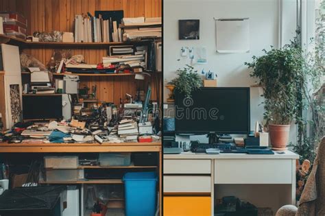 Cluttered Workspace Contrasts With Tidy And Organized Environment