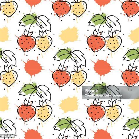 벡터 과일 완벽 한 패턴입니다 딸기 잎 장식 요소도 말 방울 스플래시 손으로 그린 등고선 및 스트로크 낙서 스케치 스타일 그래픽 벡터 드로잉 그림 건강한 식생활에 대한 스톡