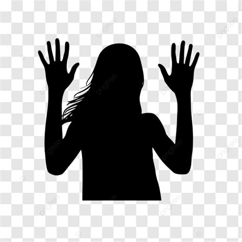 손을 위로 들고 서 있는 소녀 실루엣 벡터 흰색 배경에 손을 올려놓은 소녀의 단순한 검은색 아이콘 그림자 없음 작은 프레임 중앙 Png 일러스트 및 벡터 에 대한