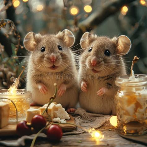 Two Small Mice Are Seated On A Table Consuming Their Meal Stock Image