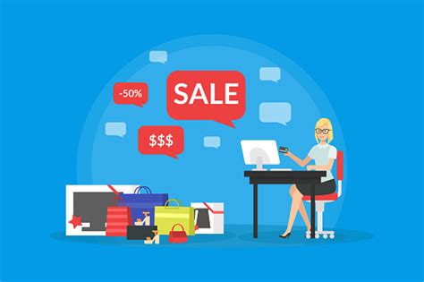 온라인 쇼핑 온라인 상점에서 계절 판매에 참여하는 젊은 여성 구매 벡터 일러스트와 쇼핑 백에 둘러싸여 책상에 앉아 소녀 고객에 대한 스톡 벡터 아트 및 기타 이미지 Istock