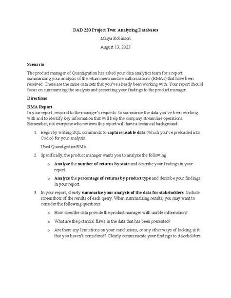 Dad 220 Project Two Maiya Robinson Dad 220 Project Two Analyzing Databases Maiya Robinson