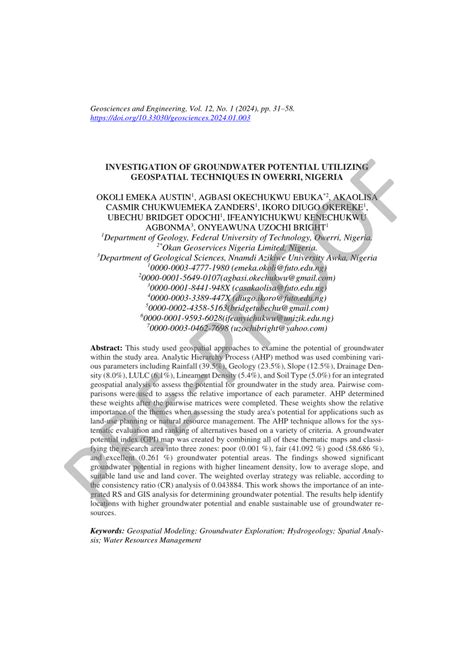 Pdf Investigation Of Groundwater Potential Utilizing Geospatial Techniques In Owerri Nigeria