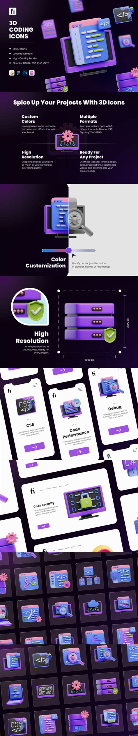 3d Coding Icon Set Flat Icons