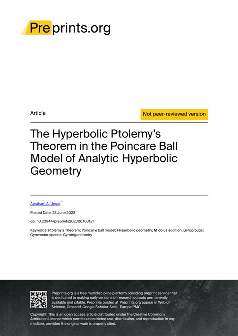Pdf The Hyperbolic Ptolemys Theorem In The Poincare Ball Model Of Analytic Hyperbolic Geometry