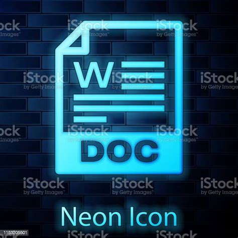 빛나는 네온 Doc 파일 문서 아이콘입니다 문서 버튼 아이콘 벽돌 벽 배경에 고립 다운로드 Doc 파일 확장자 기호입니다 벡터 일러스트 개념에 대한 스톡 벡터 아트 및 기타