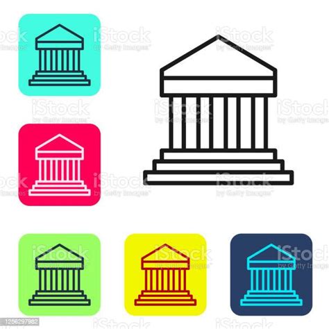 아테네 아크로폴리스 흰색 배경에 고립 된 그리스 아이콘에서 검은 라인 파르테논 그리스 고대 국가 랜드 마크 색상 정사각형 단추로