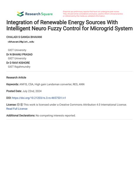 Pdf Integration Of Renewable Energy Sources With Intelligent Neuro Fuzzy Control For Microgrid
