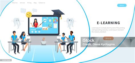 벡터 일러스트 레이션 평면 스타일 온라인 교육 원격 학습 비디오 자습서 전문 비즈니스 프리젠 테이션을보는 학생 컴퓨터 화면에 교사 팟캐스트 교육 과정 일러스트레이션에 대한