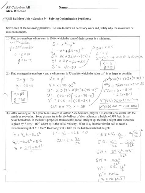 Ap Calc Unit 4 09 Optimization Answers Pdf