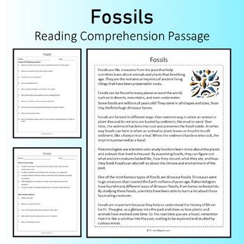 Fossils Reading Comprehension Passage Printable Worksheet TPT