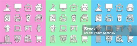 라인 쇼핑 카트 손목 시계 메일 및 전자 메일 서류 가방 프린터 그래프 차트가있는 문서 맨 위에 산 깃발 및 커피 컵 이동 아이콘을 설정합니다 벡터 가방에 대한 스톡 벡터