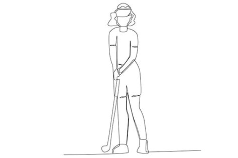 골프 원 라인 아트를 재생하는 골프 슈팅 위치에 서있는 여성 골퍼 프리미엄 벡터