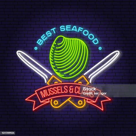 최고의 해산물 신선한 홍합과 조개 네온사인 벡터 해산물 엠블럼 간판 패치 셔츠 메뉴 레스토랑 수산 시장 상점 네온사인 밝은 간판