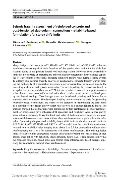 Seismic Fragility Assessment Of Reinforced Concrete And Post Tensioned Slab Column Connections