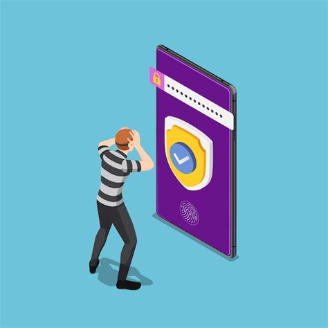 Premium Vector Flat 3d Isometric Thief Or Hacker Failed To Hacking Smartphone With Security