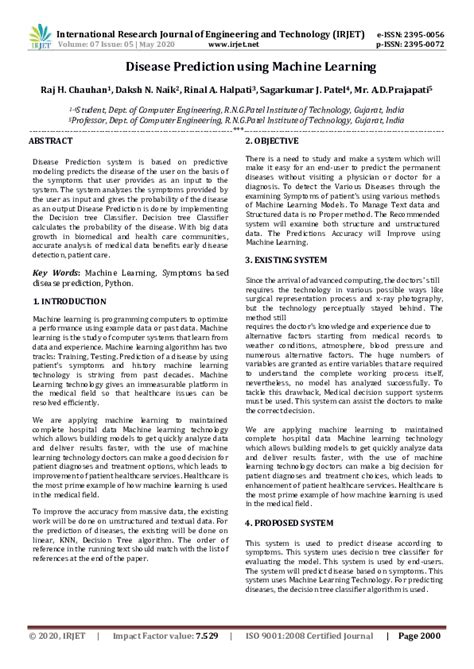 Pdf Irjet Disease Prediction Using Machine Learning