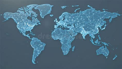 A Digital World Map With Glowing Nodes And Connecting Lines On A Dark Background Illustration