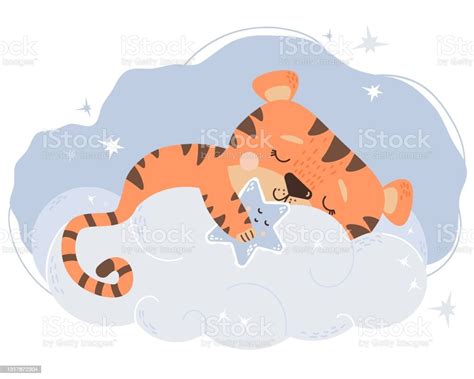 귀여운 호랑이 새끼는 별이 빛나는 부드러운 푸른 구름에 자고있다 2022 중국 또는 동양 호랑이의 해 벡터 그림입니다 디자인 장식 보육 엽서 인쇄를위한 어린이 컬렉션 0명에