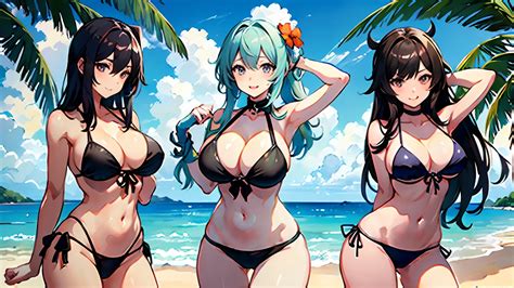 Three Sexy Women In Bikinis Standing On A Beach Next To The Ocean