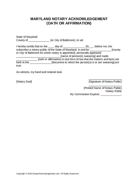 Free Maryland Notarial Certificate Oath Or Affirmation Pdf Doc Template Pdffiller