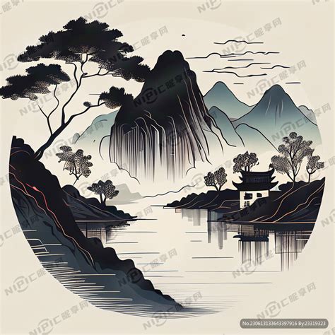 Ai创作图线条 矢量 江南 山水 中国风 昵图网
