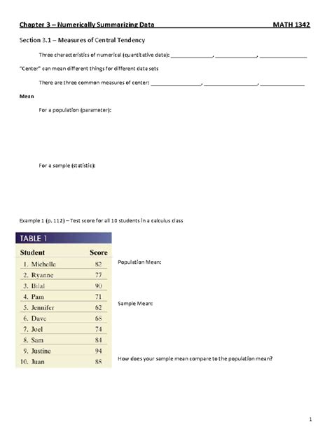 Chapter 3 Guided Notes Online Chapter 3 Numerically Summarizing