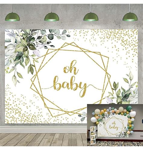 오 베이비 백드롭 골드 샤워 사진 배경 그린 유칼립투스 잎 신생아 발표 임신 파티 케이크 테이블 장식 배너 티몬
