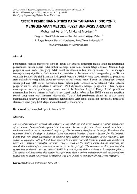 Pdf Sistem Pemberian Nutrisi Pada Tanaman Hidroponik Menggunakan Metode Fuzzy Berbasis Arduino