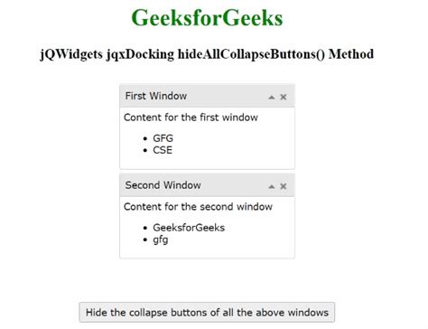 Jqwidgets Jqxdocking Hideallcollapsebuttons Method Geeksforgeeks