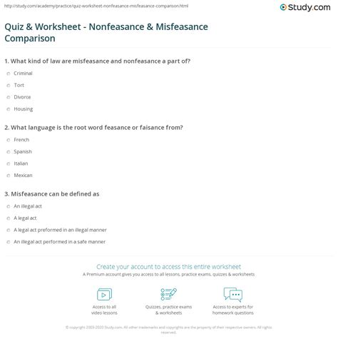 Quiz And Worksheet Nonfeasance And Misfeasance Comparison