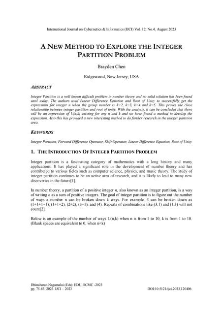 A New Method To Explore The Integer Partition Problem Pdf