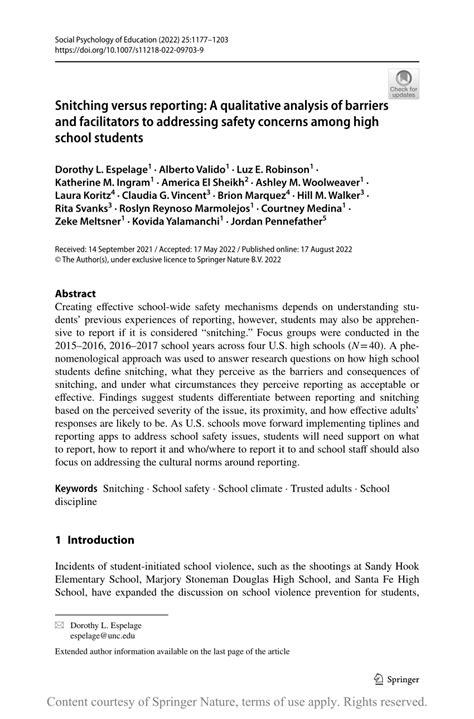 Snitching Versus Reporting A Qualitative Analysis Of Barriers And