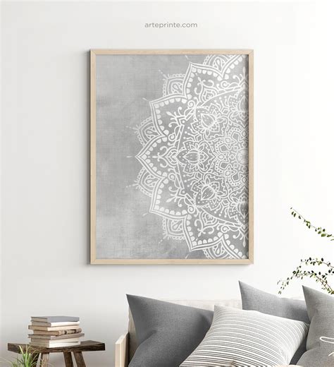 Gray White Mandala Wall Art Printable Half Mandala Poster Boho Chic