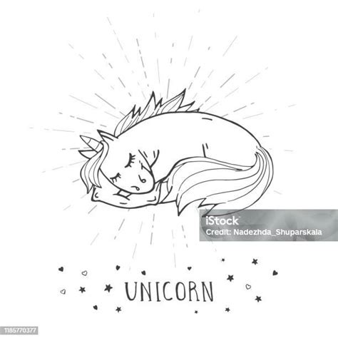 흰색 배경에 유니콘 별 마음과 텍스트와 손으로 그린 귀여운 수면 유니콘의 벡터 그림 과체중에 대한 스톡 벡터 아트 및 기타