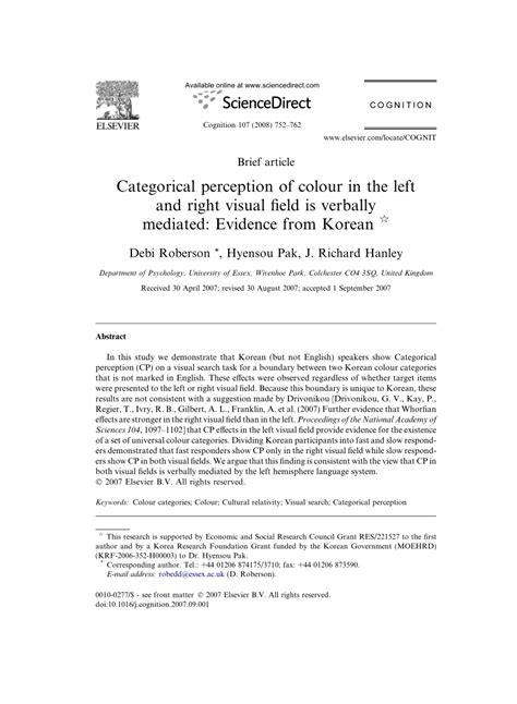 Pdf Categorical Perception Of Colour In The Left And Right Visual
