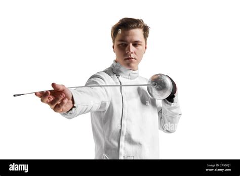 Young Man Male Fencer In Fencing Costume Mask Standing With Sword Over